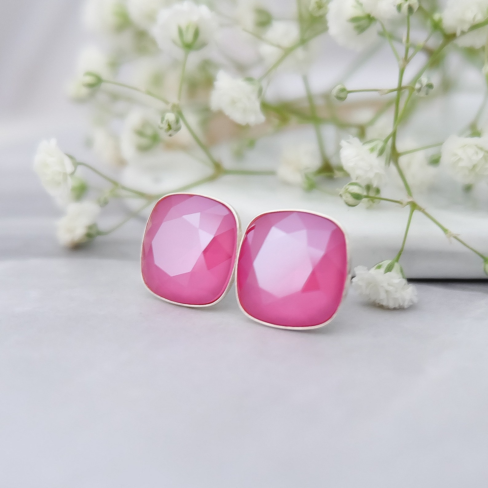 Hot Pink Stud Earrings Crystal Stud Earrings Pink Square - Etsy