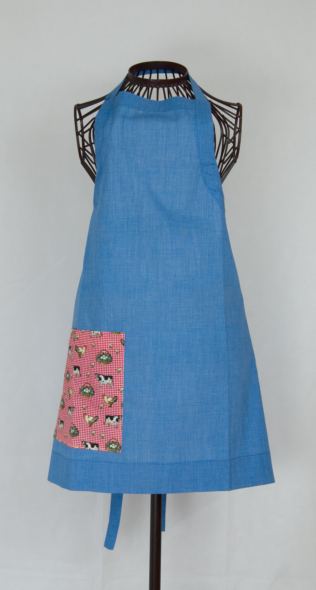 Full Apron, 1970s Vintage Blue With Cow, Chicken and Egg Checked Pocket ...