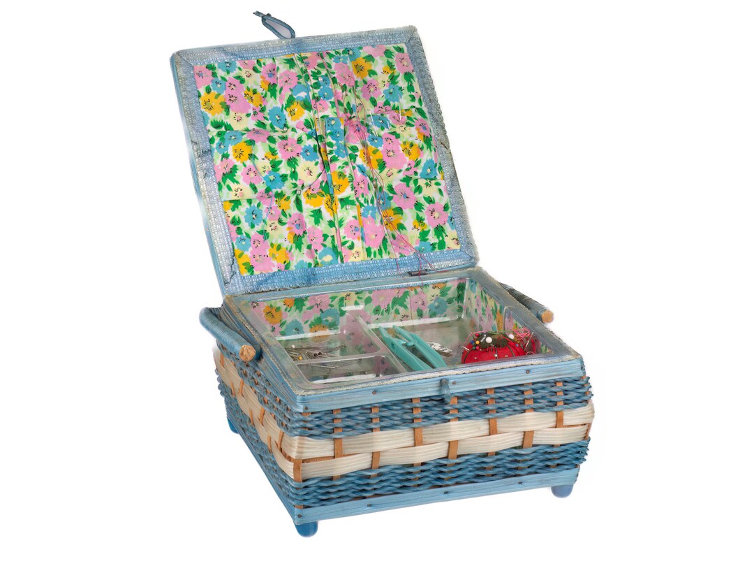 Blue and White Sewing Box, Vintage Plastic and Wicker - Etsy