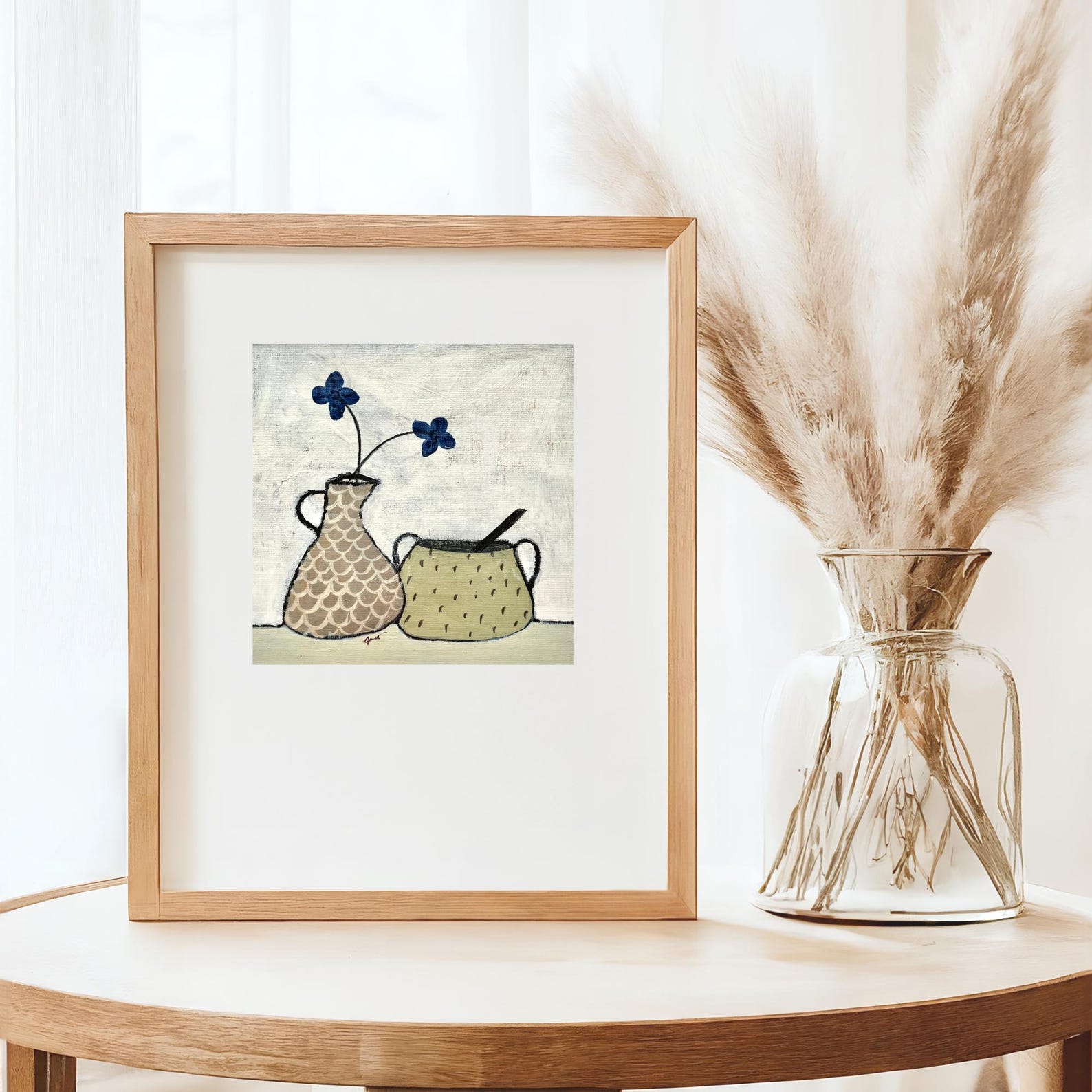 Pitcher and Bowl Painting With Blue Daisies, Original Small Painting is ...