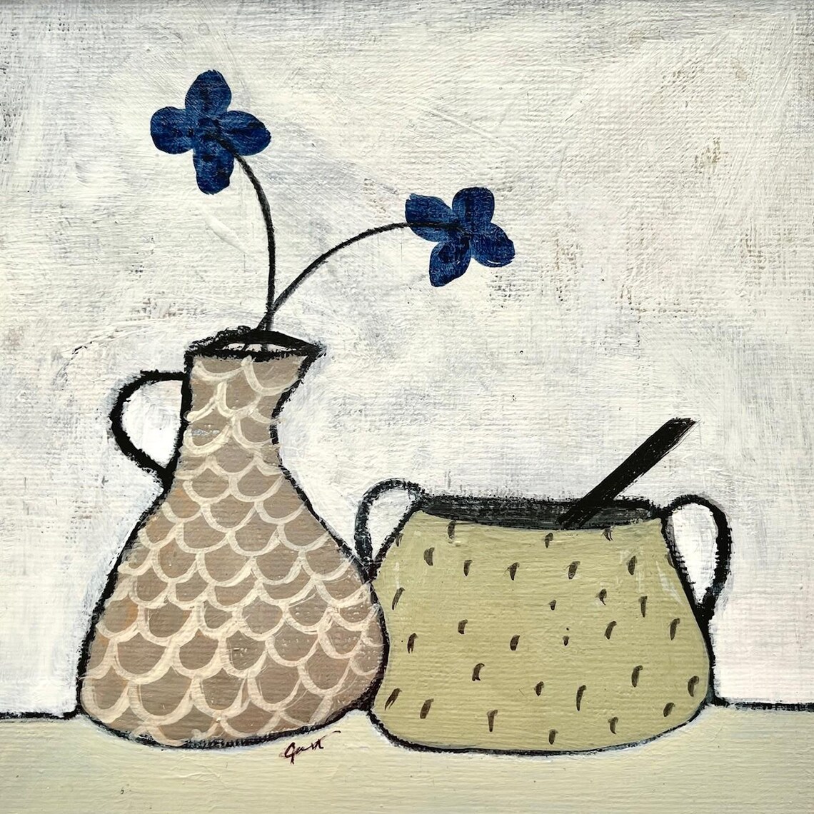 Pitcher and Bowl Painting With Blue Daisies, Original Small Painting is ...
