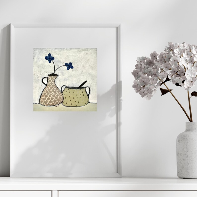 Pitcher and Bowl Painting With Blue Daisies, Original Small Painting is ...