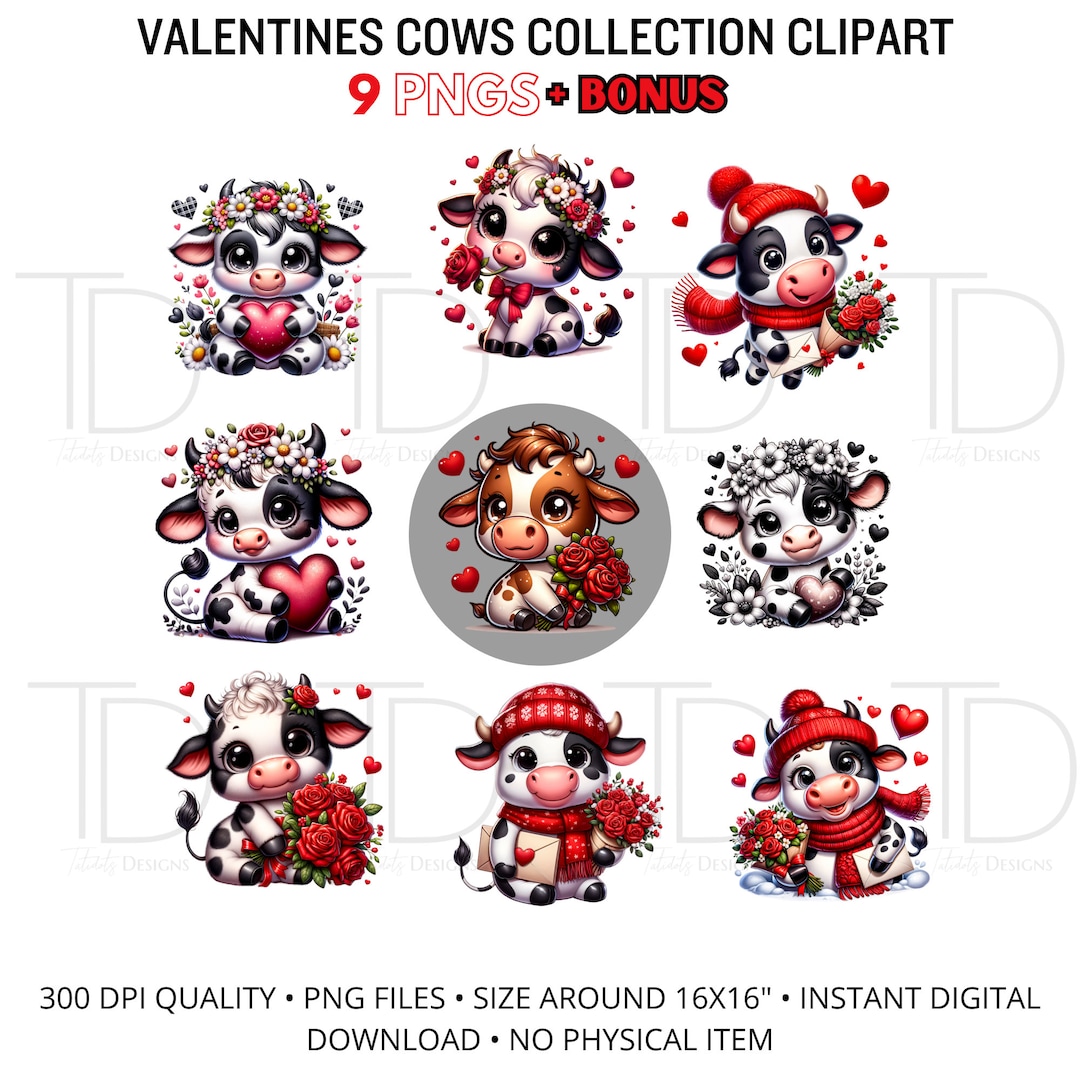 Valentines Cows Collection - 9 Cows Pngs Clipart Collection + Bonus ...