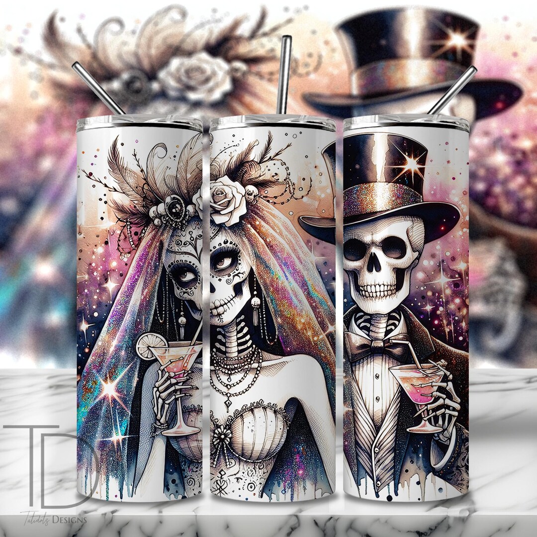 Bride and Groom Day of the Dead 20 Oz Skinny Tumbler Wrap, Halloween ...