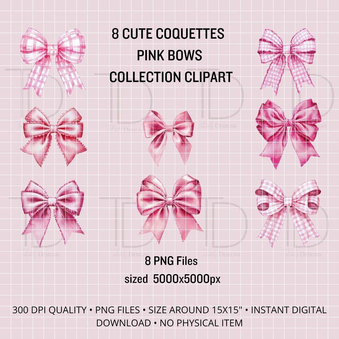 Coquette PNG Bundle, Watercolor Pink Bow, 8 Pink Bow Clipart, Coquette ...