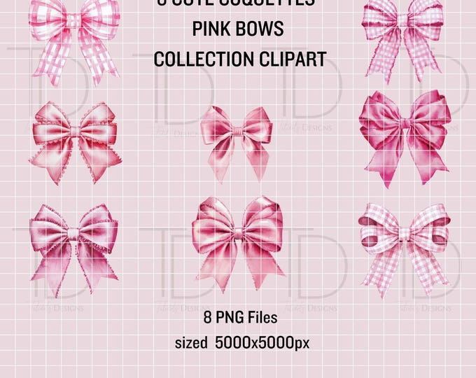 Coquette PNG Bundle, Watercolor Pink Bow, 8 Pink Bow Clipart, Coquette ...