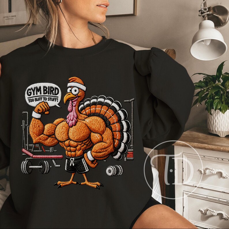 Gym Bird PNG | Funny Thanksgiving Turkey Design | Yarn Embroidery Style ...