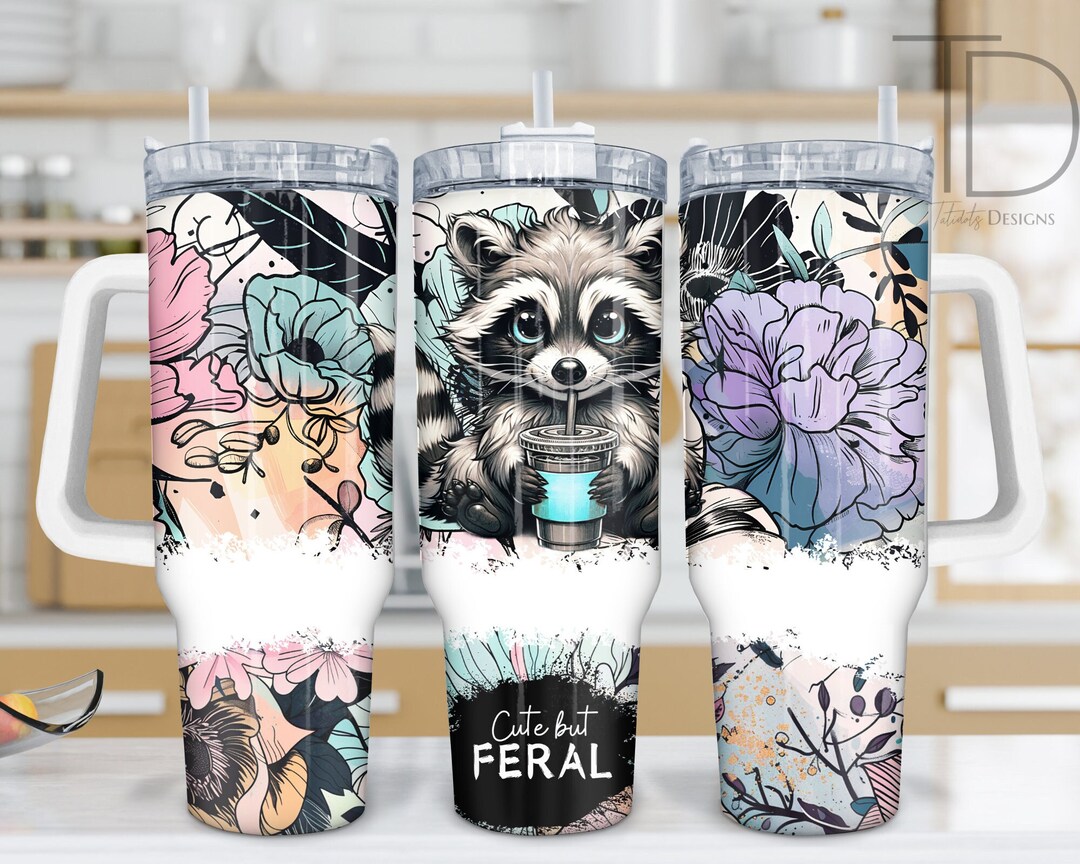 Cute but Feral Design Raccoon 40 OZ Tumbler Wrap, Floral Animal Print ...