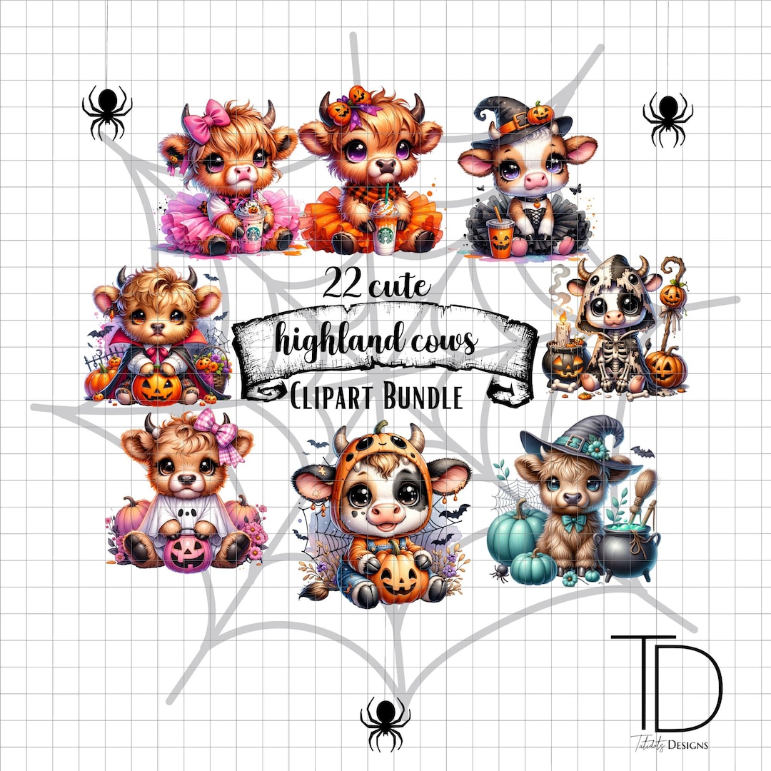 Halloween Clipart Bundle, PNG, Digital Download, Highland Cow Set, Cute ...