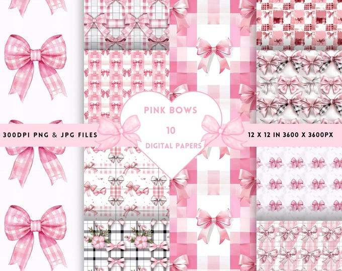 Coquette Pink Bow Digital Paper Set, Pink Bow Scrapbooking, Coquette ...