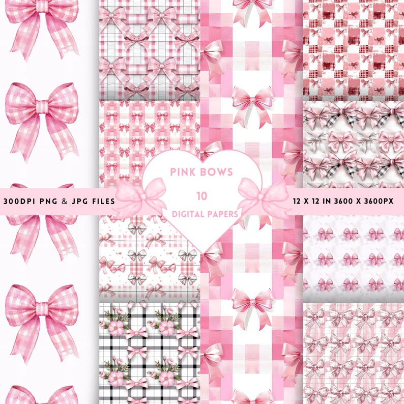 Coquette Pink Bow Digital Paper Set, Pink Bow Scrapbooking, Coquette ...