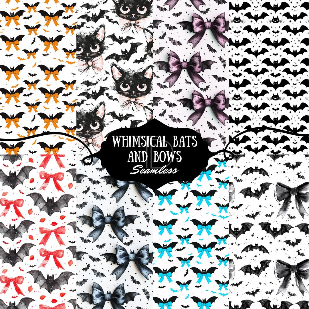Whimsical Bats and Bows Digital Paper Set, 18 Seamless Patterns, Halloween Scrapbooking, Cute ...