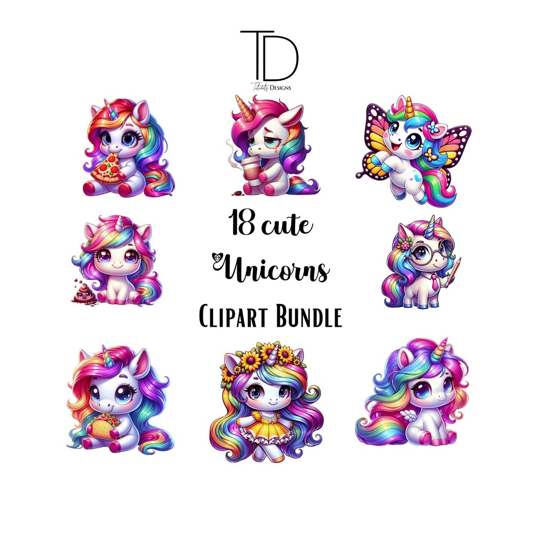 Unicorn Clipart Bundle, PNG, Digital Download, Kawaii Unicorn Set ...