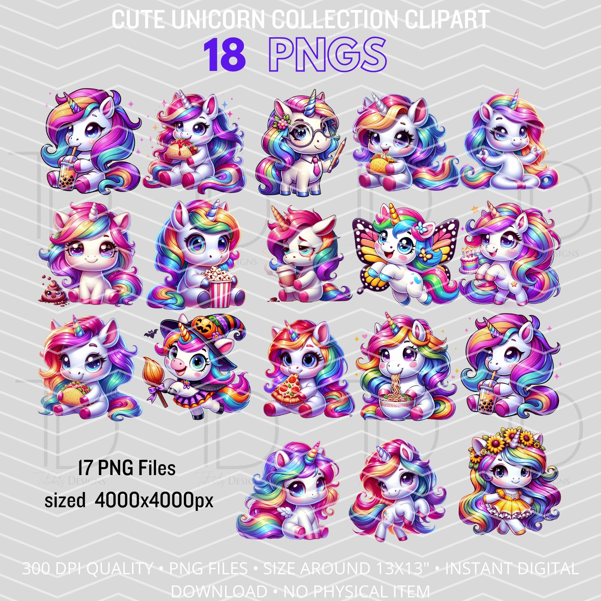 Unicorn Clipart Bundle, PNG, Digital Download, Kawaii Unicorn Set ...