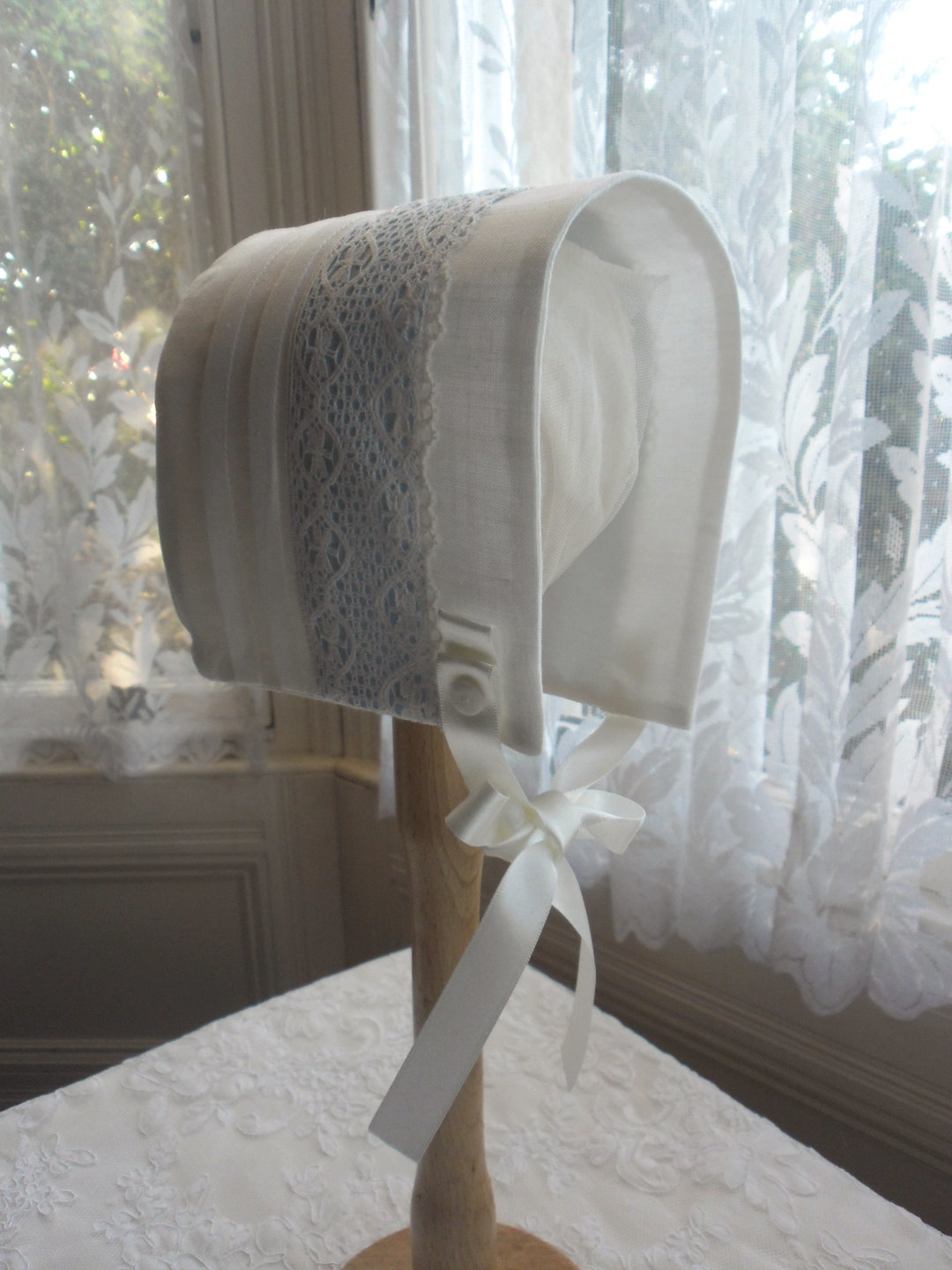 New Arrival. Ivory Linen Christening Bonnet. Boy or Girl Baptism Bonnet ...