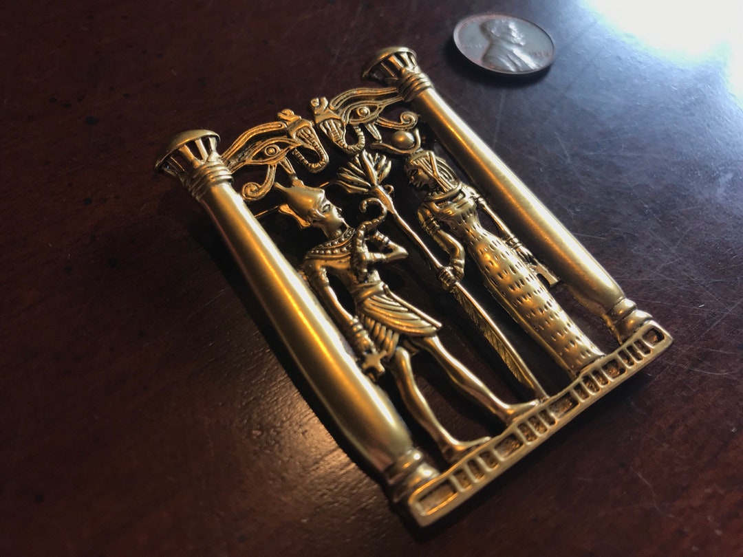 Egyptian Revival Golden Hathor and Osiris Brooch - Eye of Ra and Eye of ...