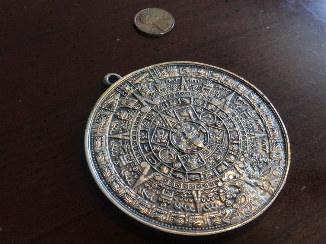 Silver Aztec Calendar Stone Sun Disk Medallion Pendant - Vintage Alva ...