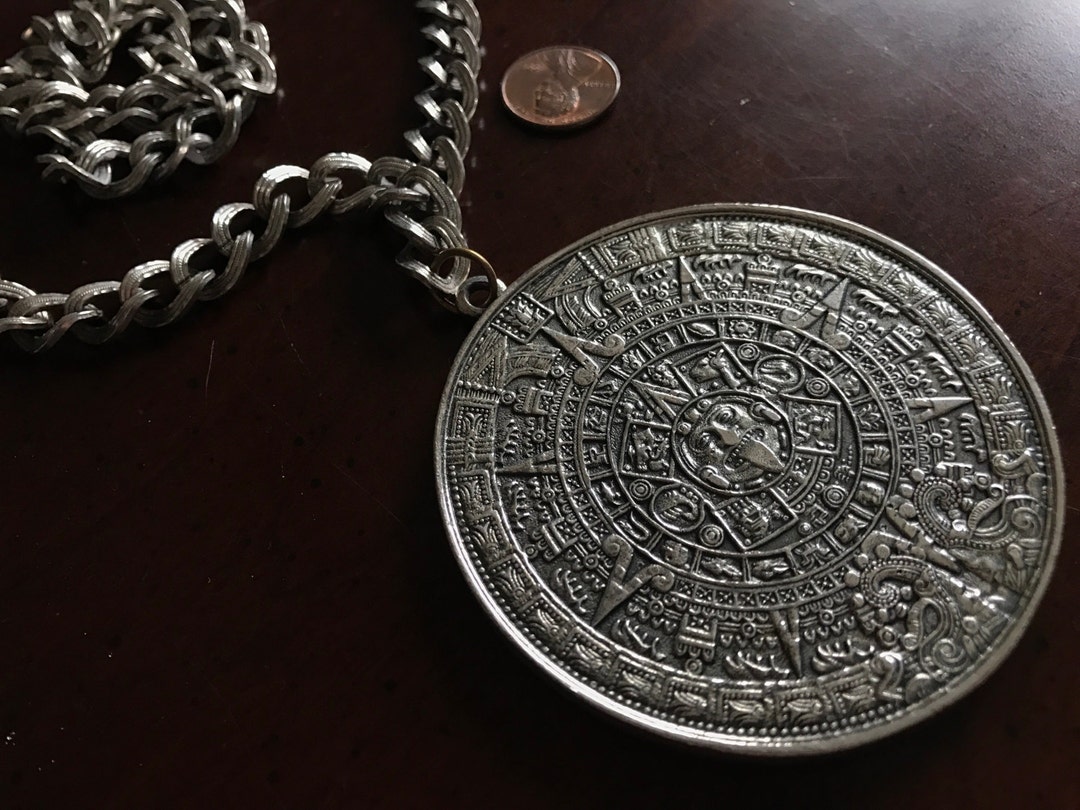 Early Silver Aztec Calendar Stone Sun Disk Medallion Necklace - Vintage ...