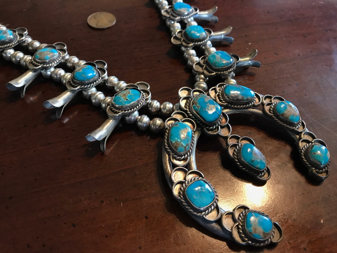 Vintage Old Pawn Navajo Coin Silver Turquoise Squash Blossom Necklace ...