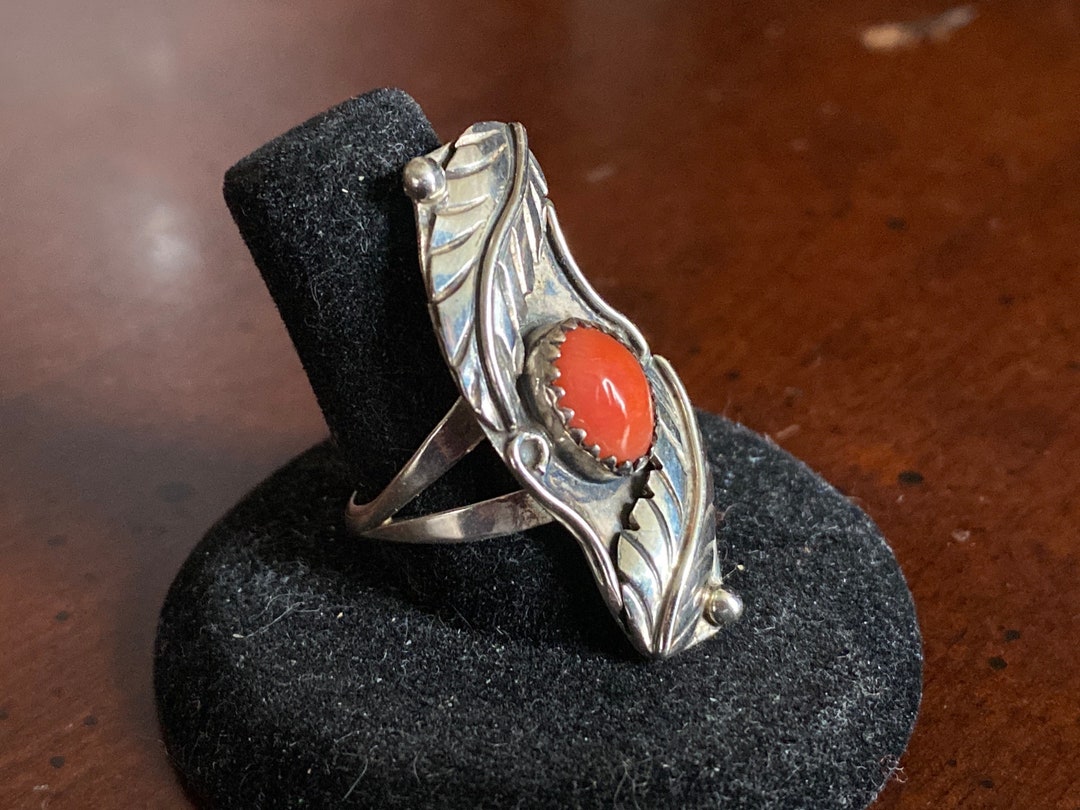 Vintage Navajo Sterling Silver Coral Feather Ring - Southwest Indian ...