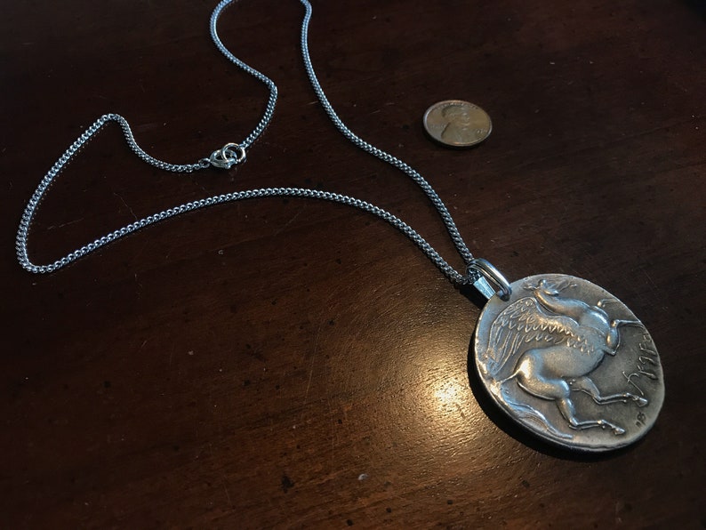 Vintage Pegasus and Moon Goddess Tanit Carthaginian Silver Coin Pendant ...