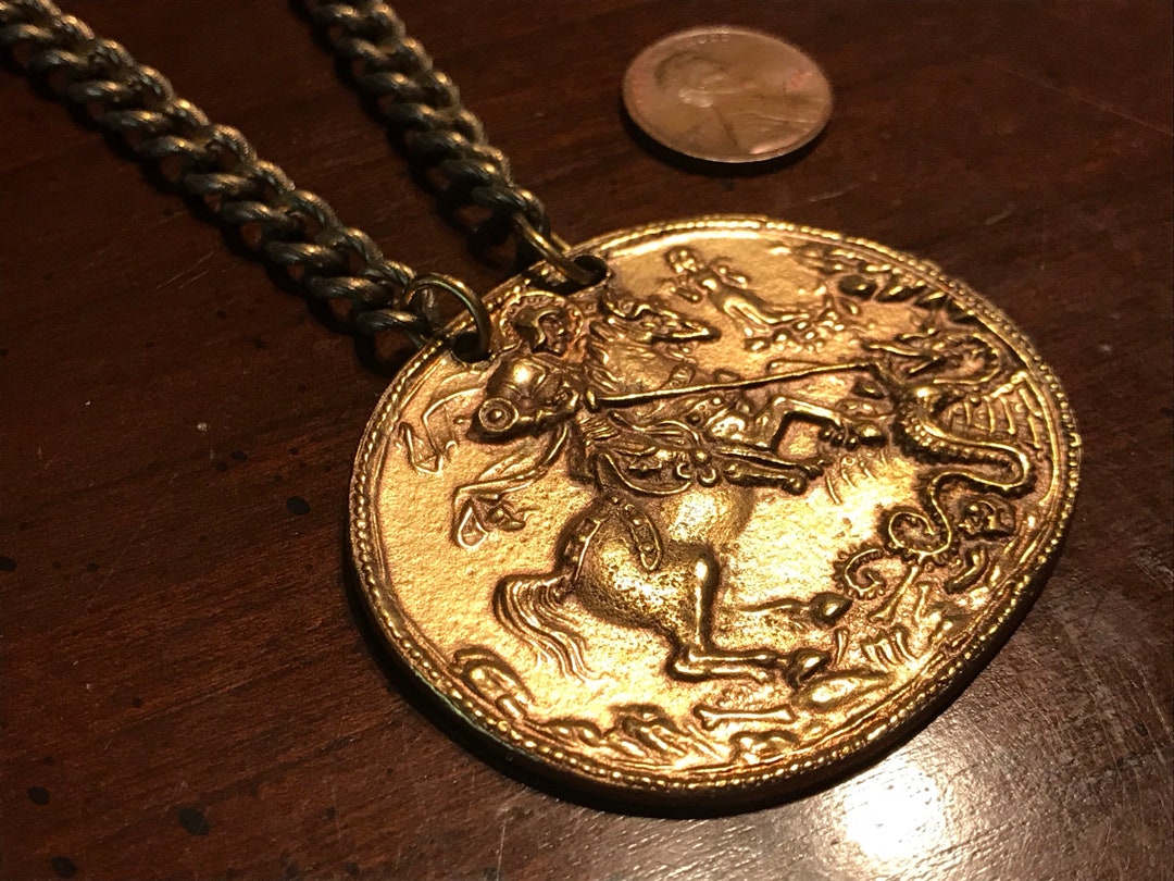 St George Slaying the Dragon Gold Medallion Pendant Necklace - Alva ...