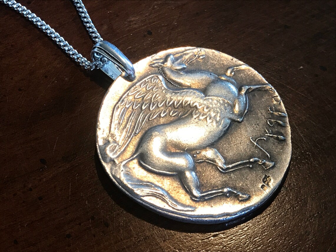 Vintage Pegasus and Moon Goddess Tanit Carthaginian Silver Coin Pendant ...