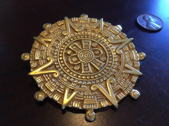 Vintage MMA Aztec Calendar Stone Sun Disk Gold Medallion | Etsy