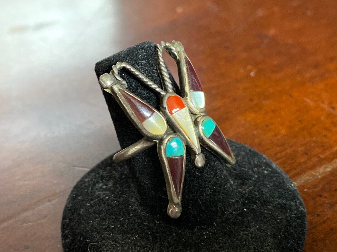 Vintage Zuni Butterfly Ring Sterling Silver Turquoise Coral Jet Mother ...