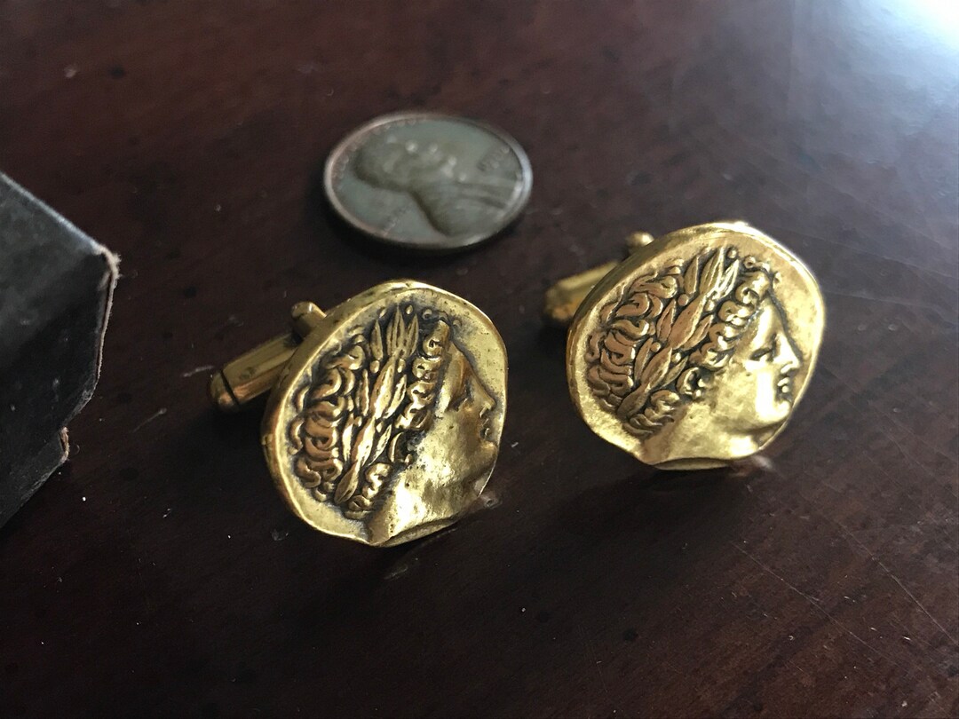 Vintage Greek Sun God Apollo Gold Coin Statement Cufflinks - Alva ...