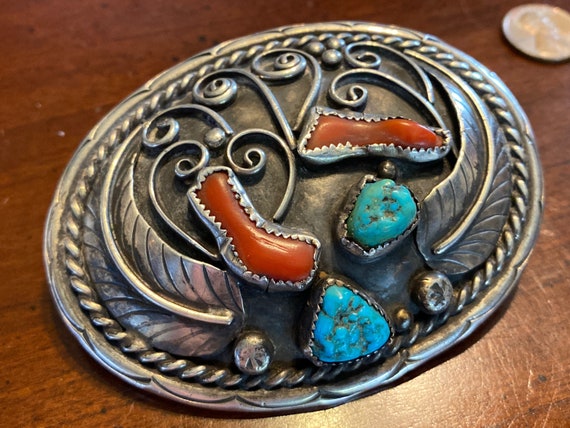 Signed Navajo Turquoise Coral Sterling Silver Belt Buckle Signed Navajo Turquoise Coral Sterling Silver Belt Buckle