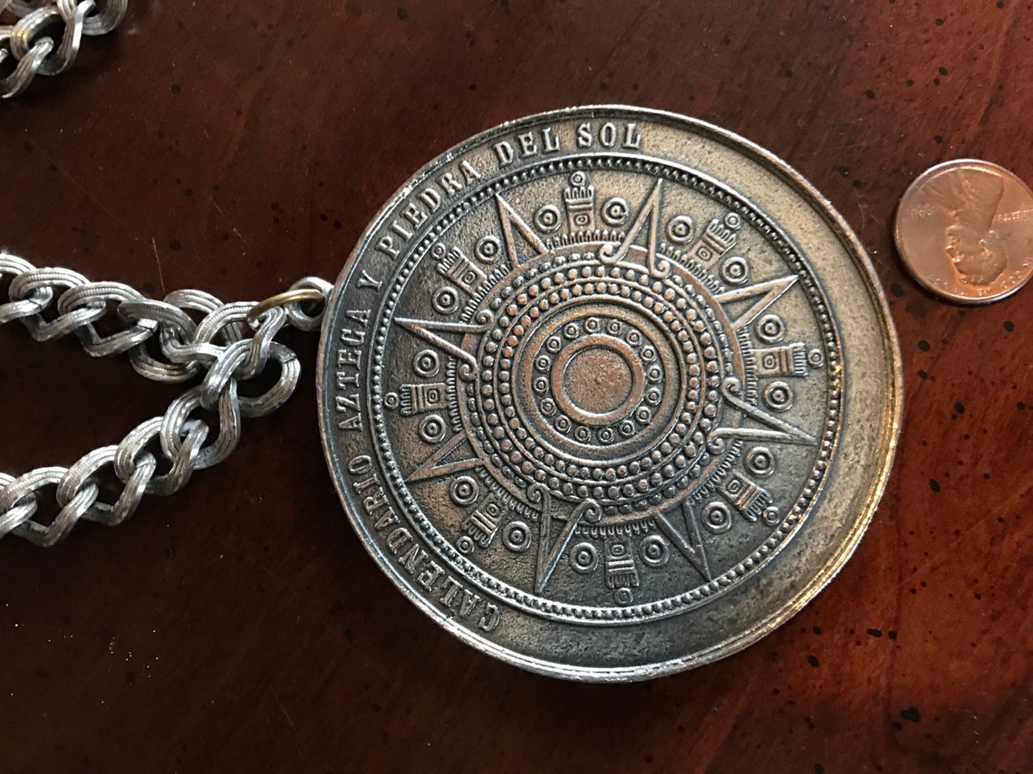 Early Silver Aztec Calendar Stone Sun Disk Medallion Necklace | Etsy