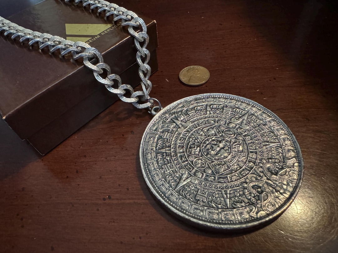Vintage Silver Aztec Calendar Stone Necklace - Sun Disk Medallion ...