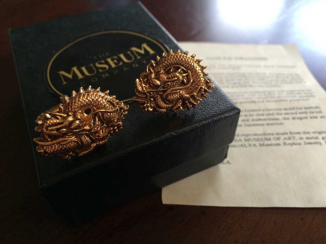 Vintage Gold Coiled Dragon Menuki Cufflinks - Sword Ornament Japanese ...
