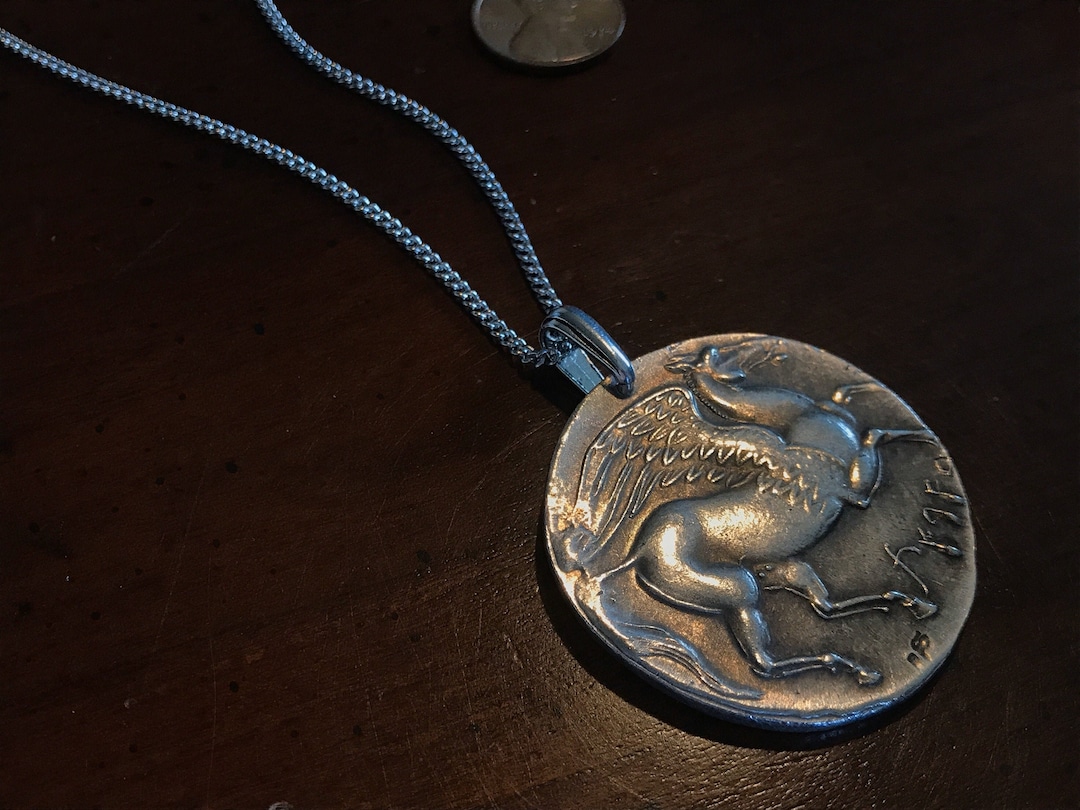 Vintage Pegasus and Moon Goddess Tanit Carthaginian Silver Coin Pendant ...