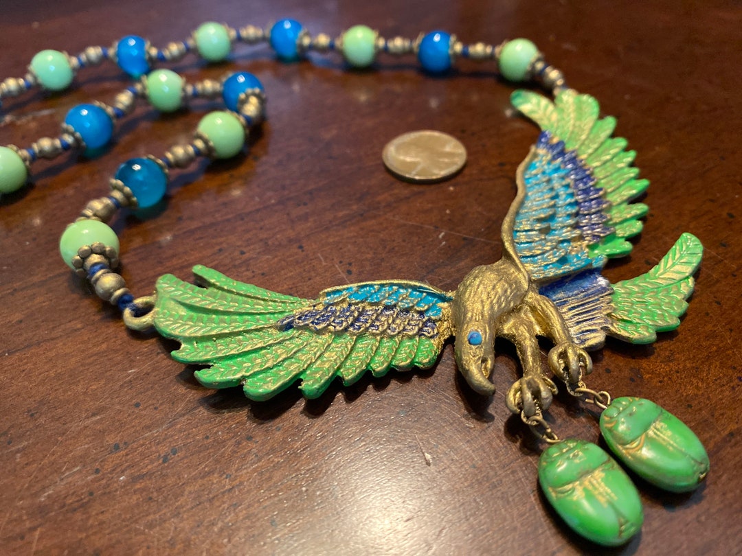 Antique Winged Eagle Pectoral Necklace - Heart Scarab Czech Bead ...