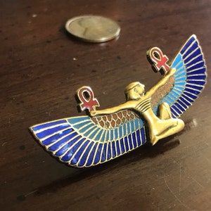 Vintage Winged Goddess Isis Gold and Enamel Brooch Kneeling Isis ...