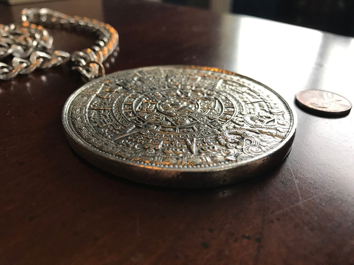 Early Silver Aztec Calendar Stone Sun Disk Medallion Necklace | Etsy