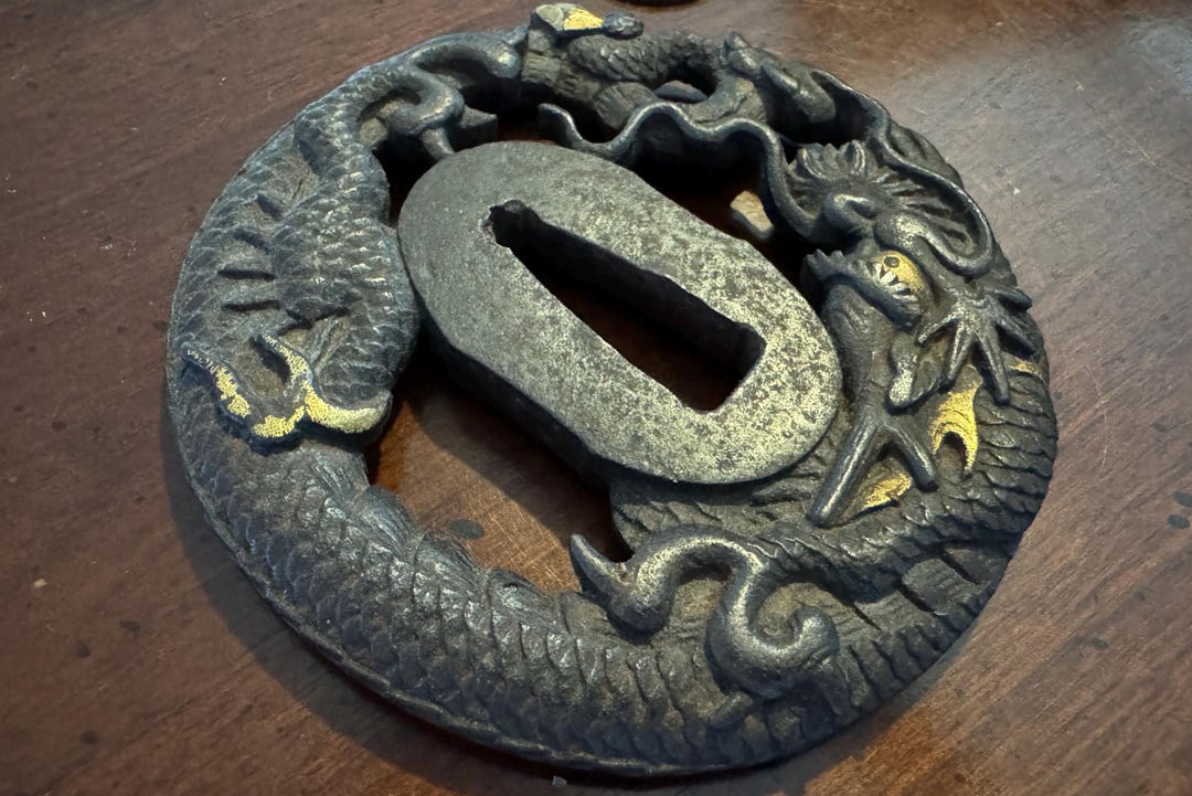 Vintage Tsuba Japanese Dragon Sword Guard - Openwork Carving Art - Iron ...