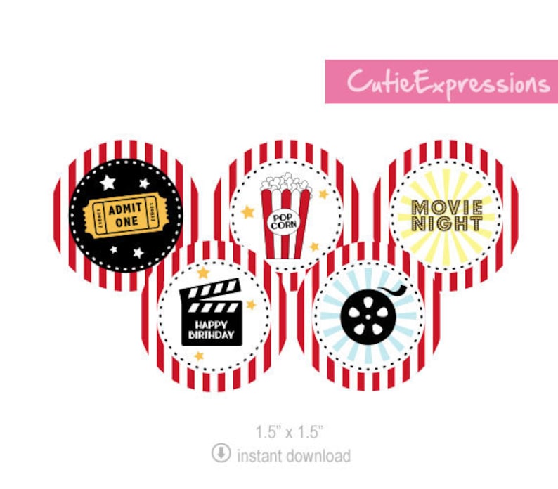 Movie Night Party, Printable Cupcake Toppers, Movie Theme Birthday ...