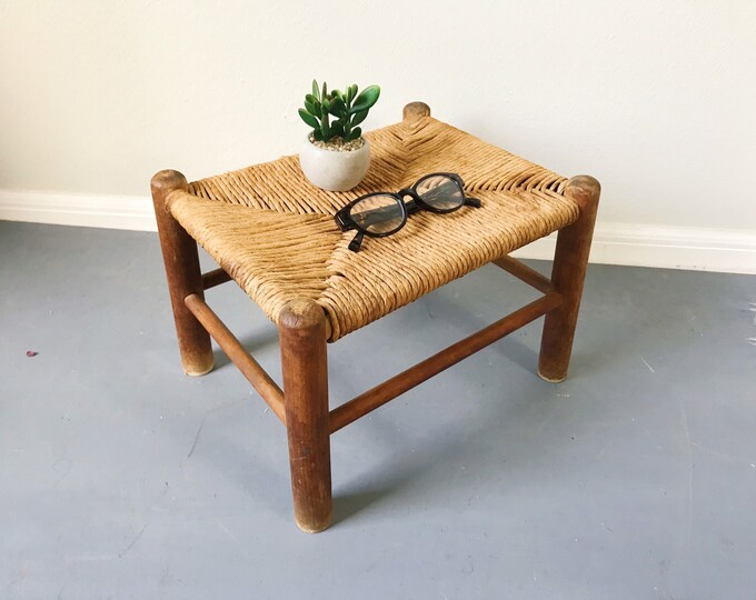 Vintage Wooden Foot Stool With Rush Seat Rustic Primitive Plant Stand ...