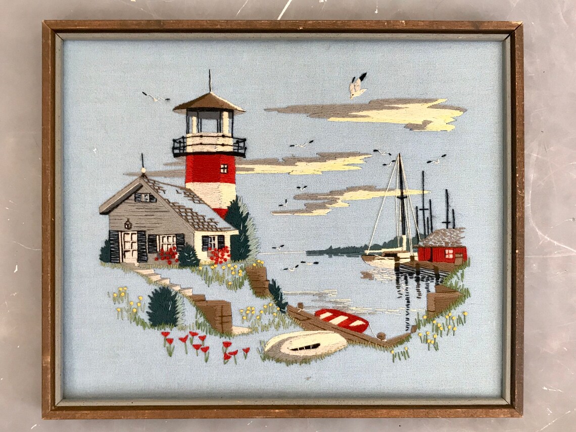 Vintage Needlepoint Art Wall Hanging Cape Cod Mid-Century | Etsy