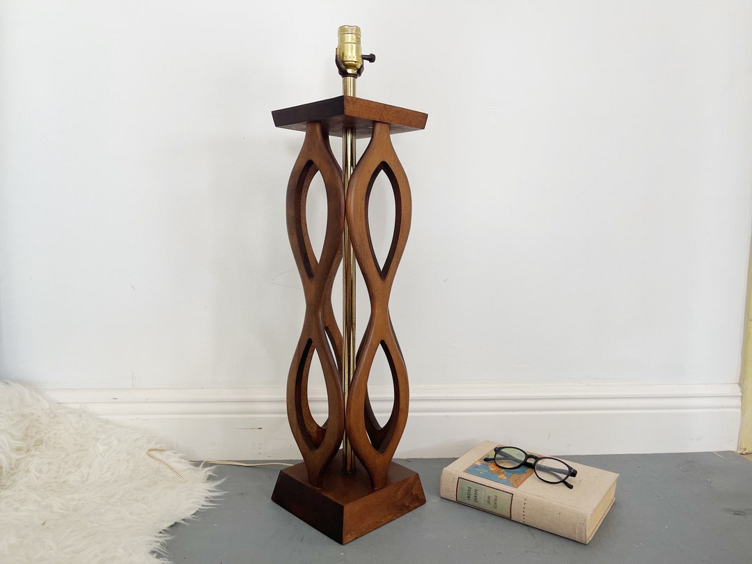 Mid-century Modern Tall Wood Table Lamp | Original Teak Walnut Brass ...