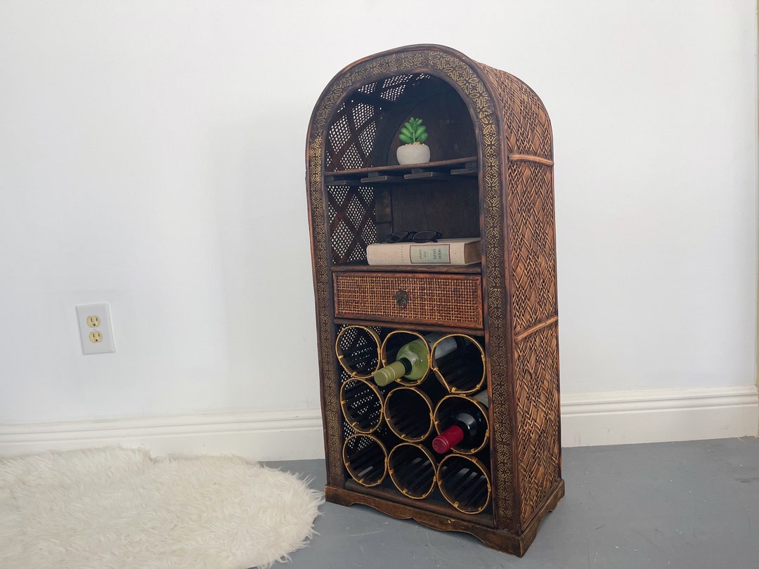 Vintage Bamboo Rattan Wine Rack Shelving Unit Mid Century Storage Shelf ...