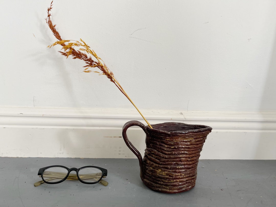 Vintage Coil Pottery Pitcher Vase | Modern Ceramics | Brown Maroon Jug ...