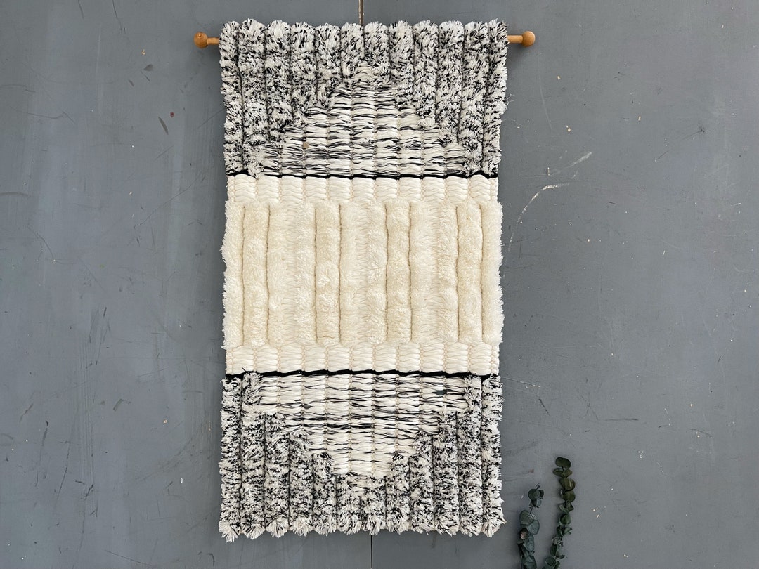 Vintage Scandinavian Ryijy Wall Hanging: Black & White Geometric ...