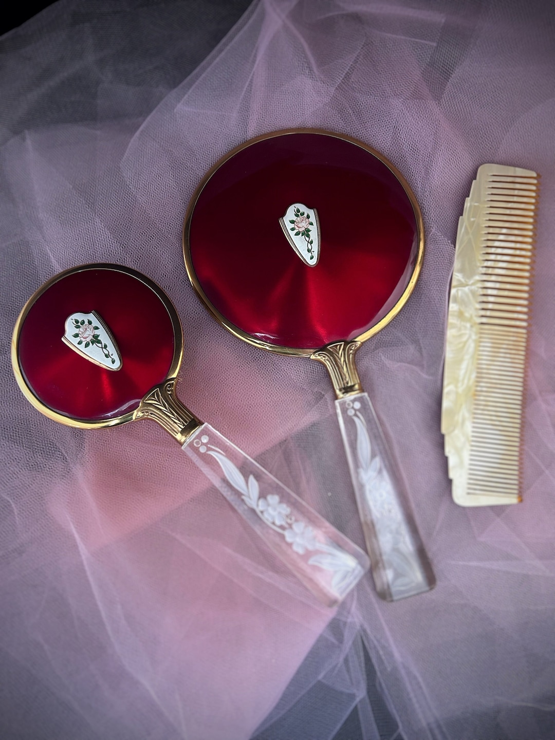 Vintage Brush Set ART DECO Hair Vanity Set, Antique Red Brush, Mirror ...