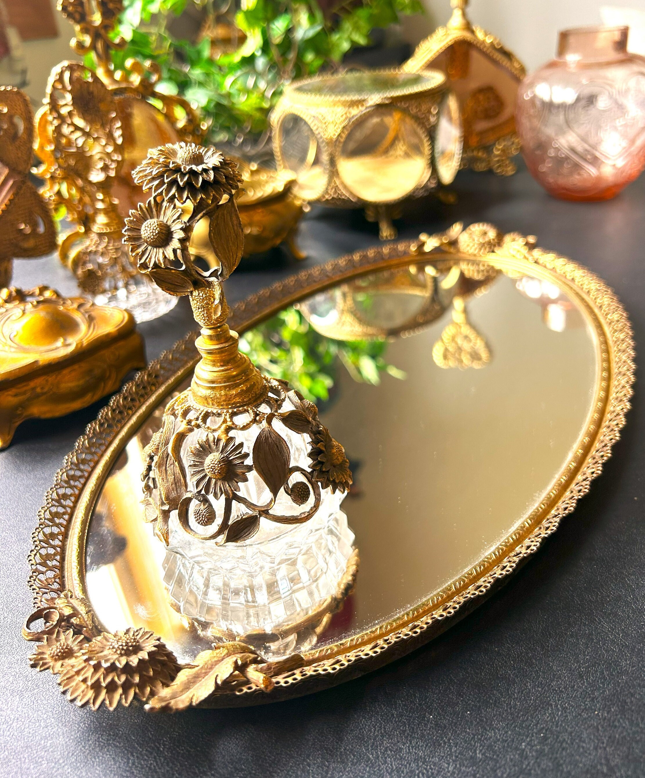 Vintage MATSON Perfume Mirror Tray Ormolu Gold Mirror SUNFLOWER Pattern ...
