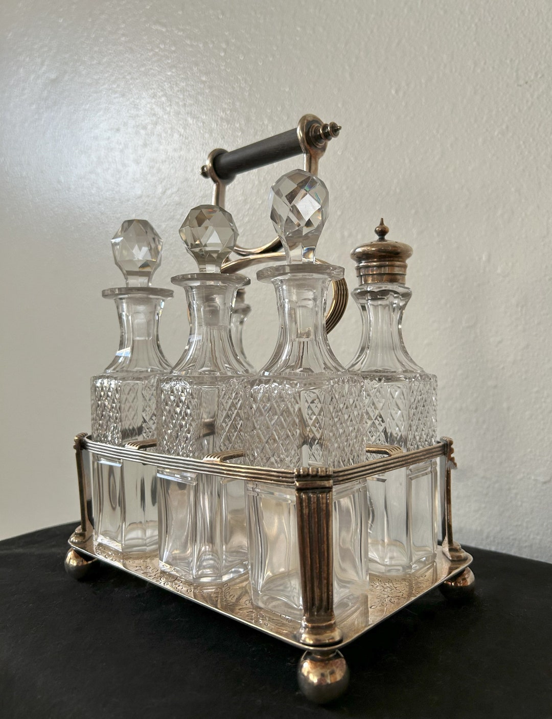 Antique CRYSTAL Condiment Caddy | Victorian Crystal Silver Plate Cruet ...