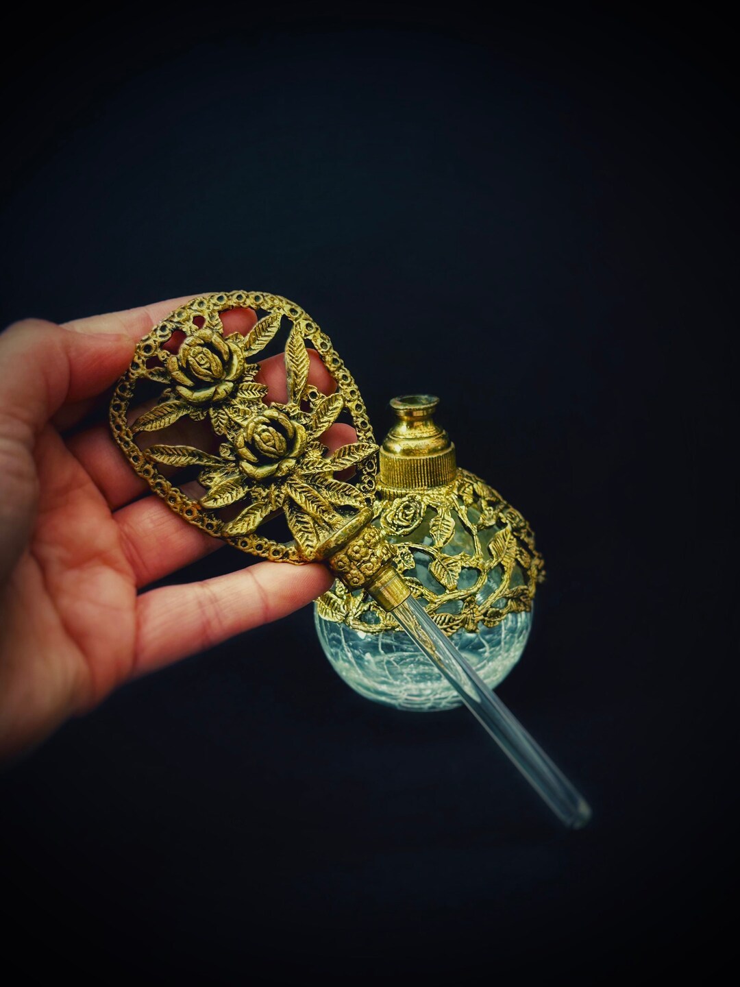 HOLLYWOOD REGENCY Ormolu Perfume Bottle With Rose Detailing Vintage ...